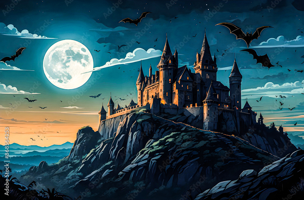 vector art illustration, A foreboding castle atop a jagged cliff, under ...