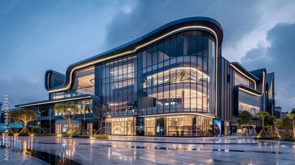 Modern and sleek mall facade design with a mix of glass and solid ...