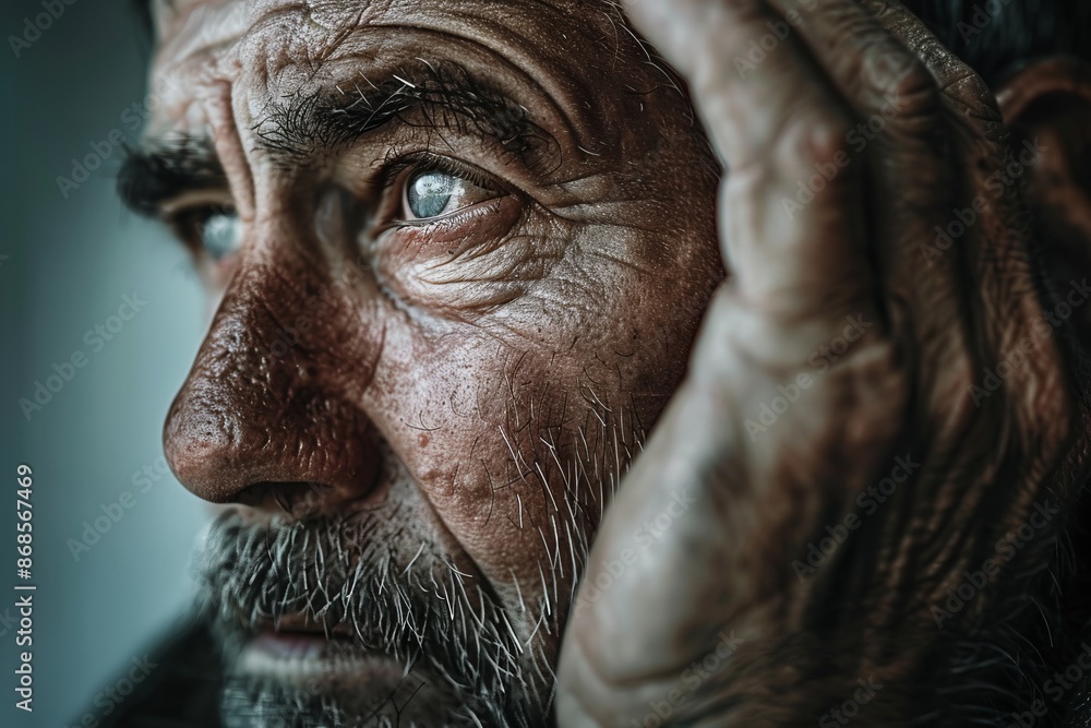 Reflective elderly man with deep wrinkles and expressive eyes. Close-up ...