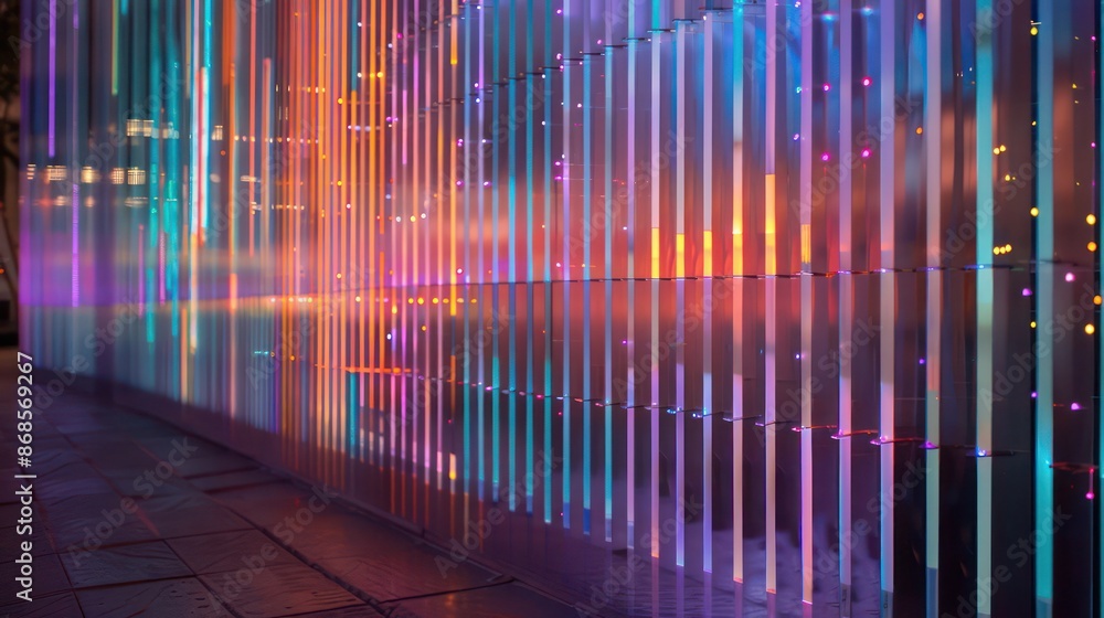 Screen wall composed of vertical metal rods, each coated with a ...