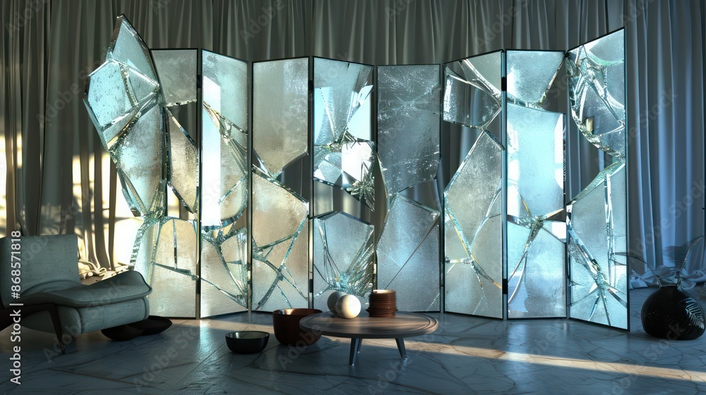 Screen wall featuring panels of shattered tempered glass, each piece ...