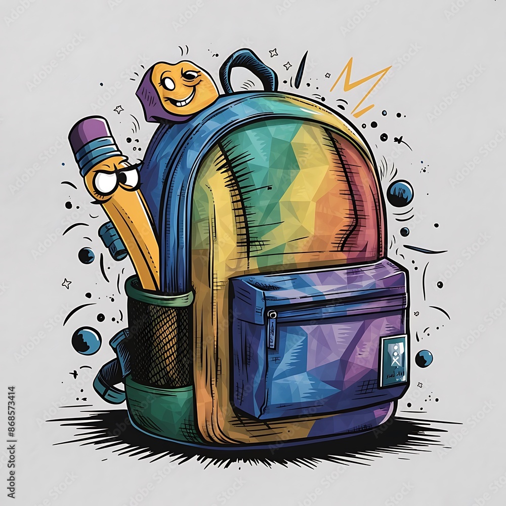 back to school concept. A fun cartoon illustration of a backpack filled ...