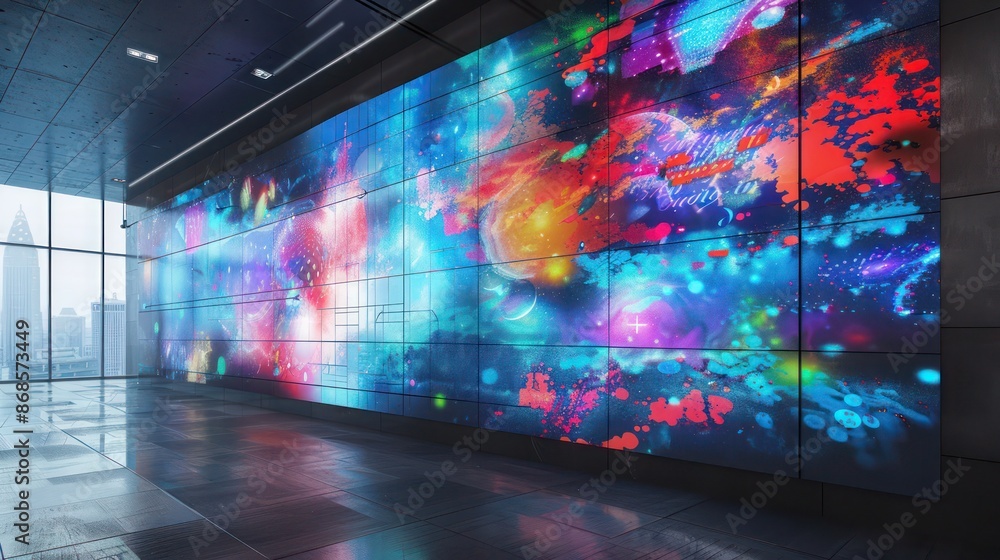 Screen wall with embedded digital displays showing looped artistic ...