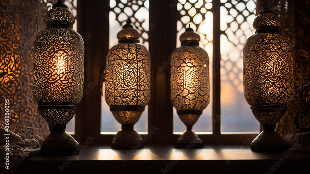 The traditional Arabic lantern on the window sill is a symbol of ...