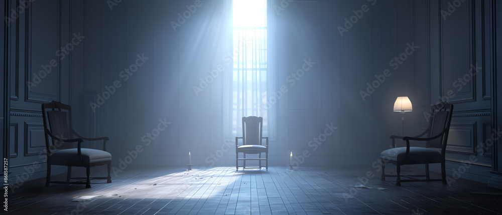 Abandoned, decrepit room with decaying furniture, flickering ...