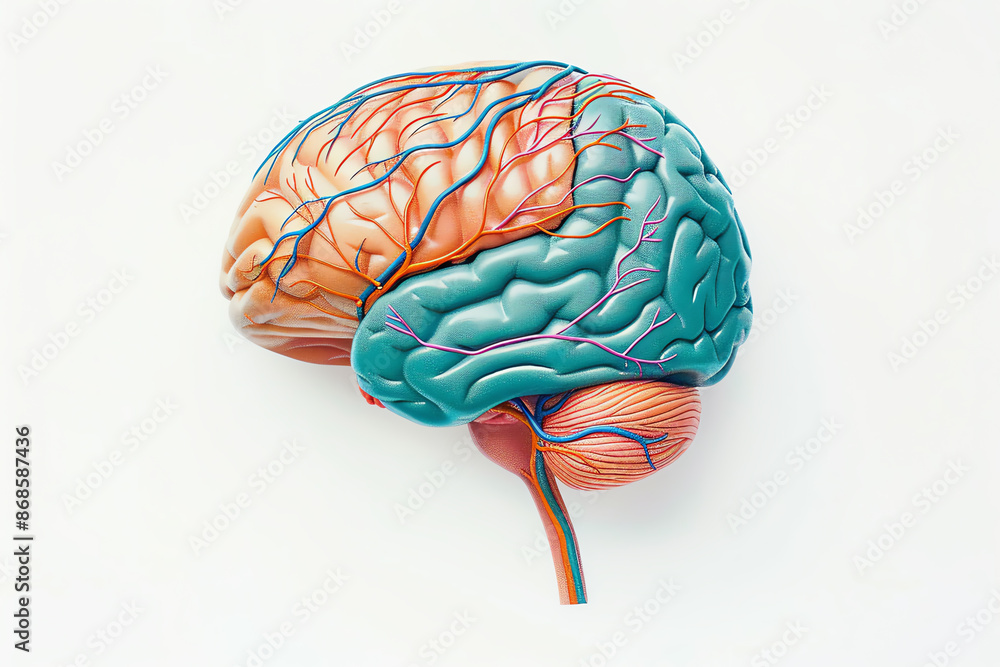Anatomical diagram of the human brain, labeled regions, intricate ...