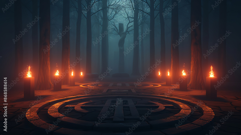 Ritual circle in a dark forest, symbols carved into the ground, eerie ...