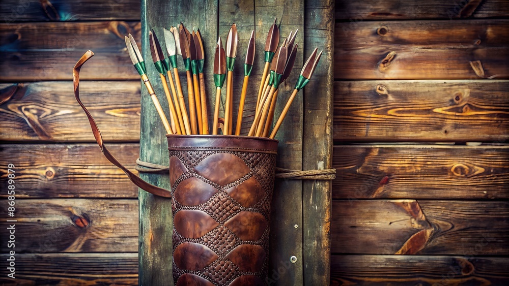 A rustic, ornate quiver filled with vibrant, hand-drawn medieval arrows ...