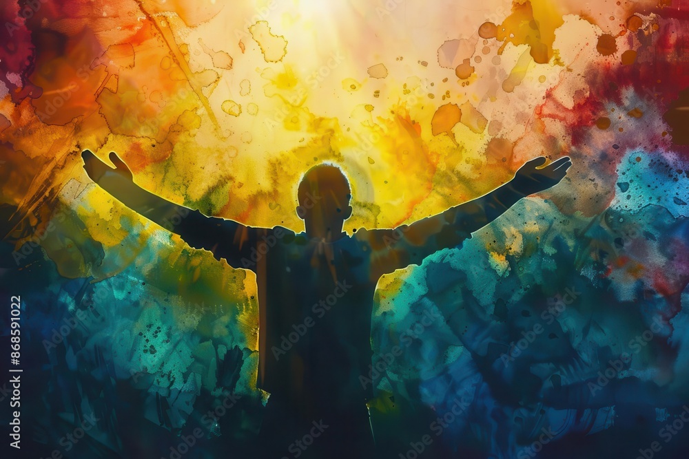 man in worship pose with watercolor background spiritual devotion ...
