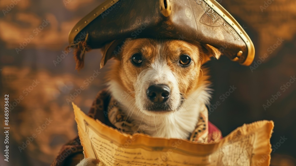 Dog dressed as a pirate holding a treasure map. Adorable dog in a ...