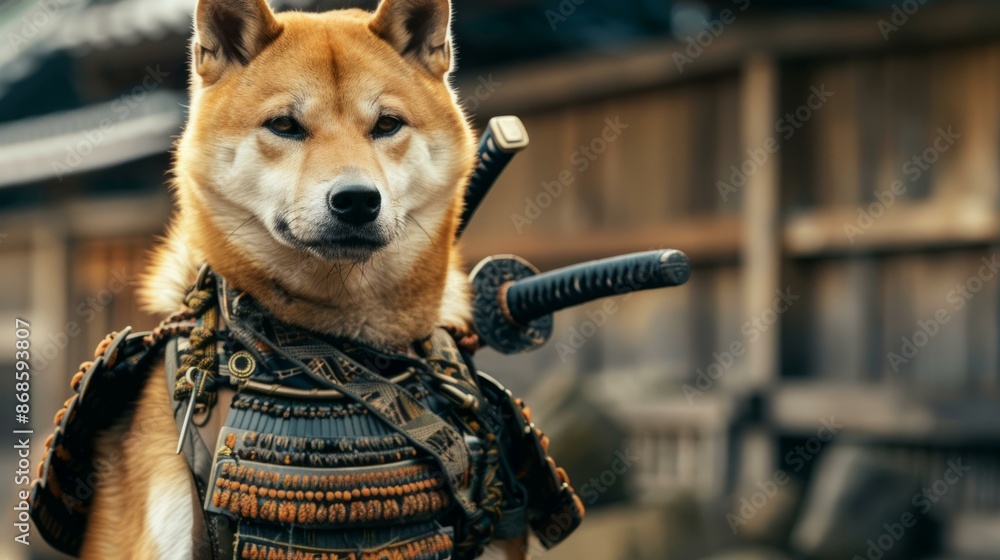 Shiba inu samurai warrior dog. A Shiba Inu dog dressed as a powerful samurai warrior in full ...