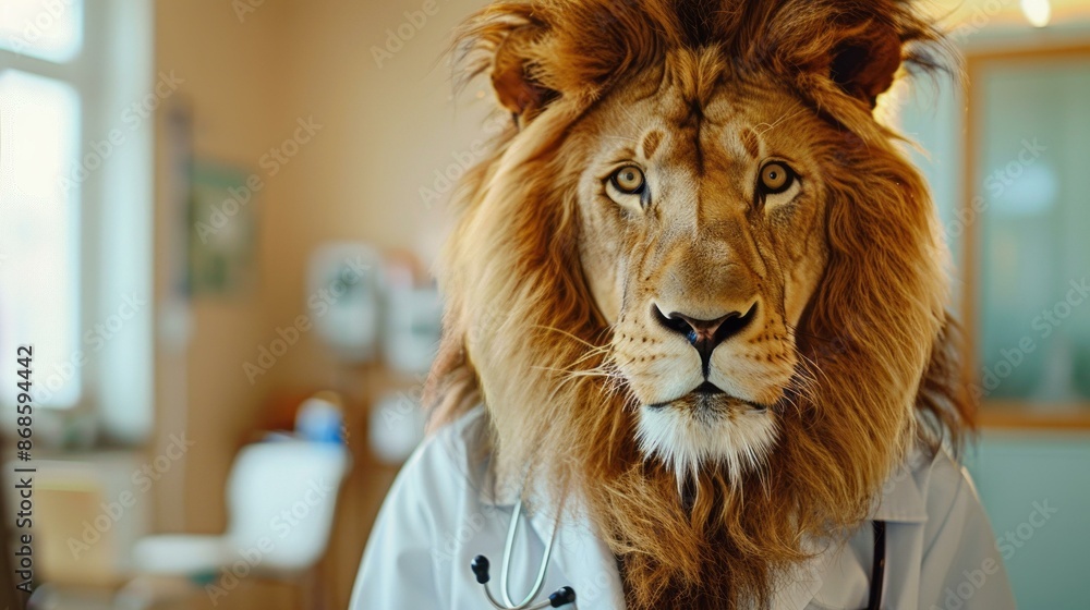 Lion doctor in a hospital. A majestic lion wearing a doctor's coat and ...