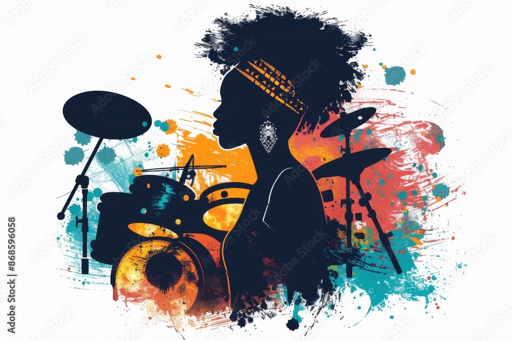 African music, woman silhouette and musical instruments, color poster ...