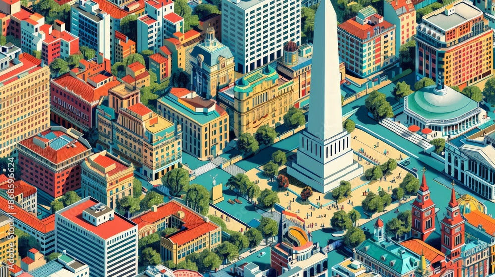 Isometric Buenos Aires, showing the Obelisk, Casa Rosada, and La Boca within an urban context ...