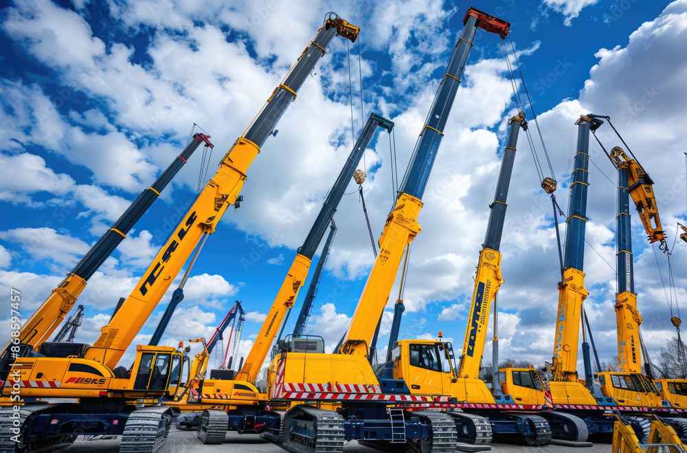 several yellow mobile crane vehicles lined up in an outdoor setting ...