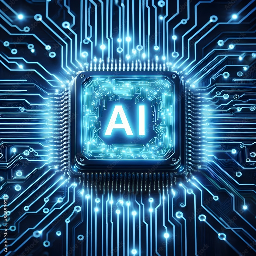 Glowing light blue neon AI chip with thin circuit contact lines. AI ...