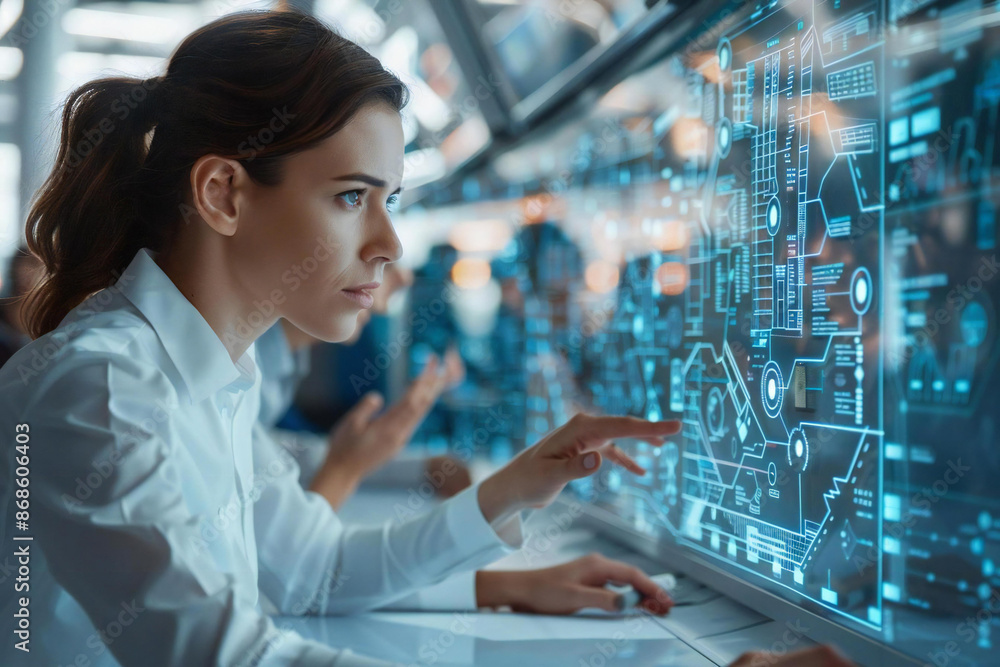 team of diverse architects and developers use holographic screens and ...