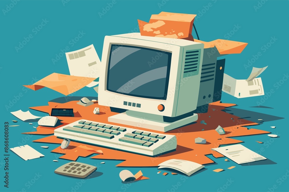 distressed and worn desktop with scattered documents, broken keyboards ...