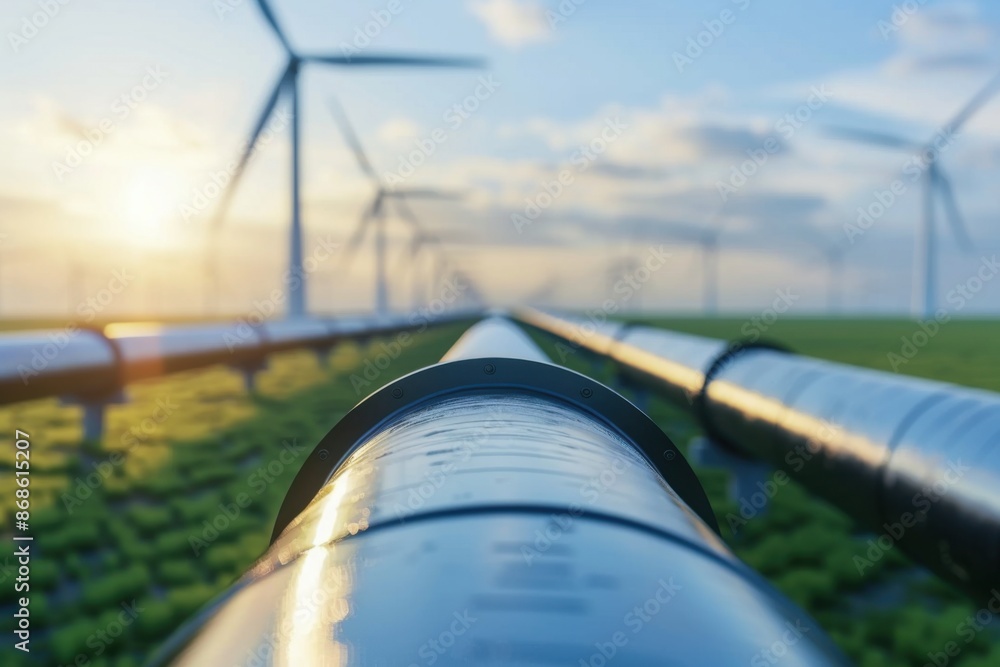 A long pipe with a black cap is shown in front of a field of wind ...
