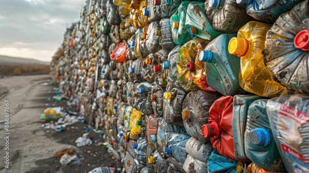 Landfill site covered with heaps of non-biodegradable plastic waste ...