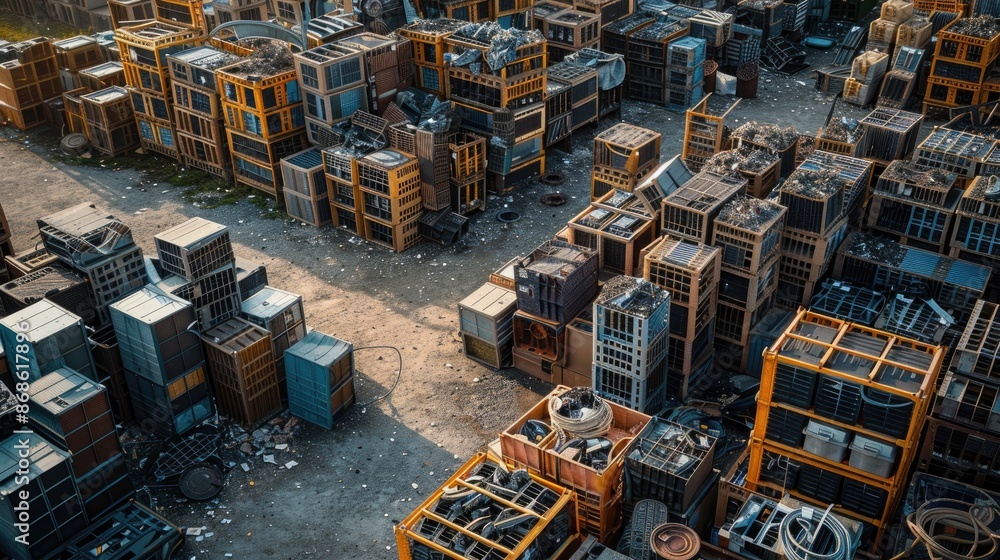 An aerial view of an industrial storage yard filled with large metal ...