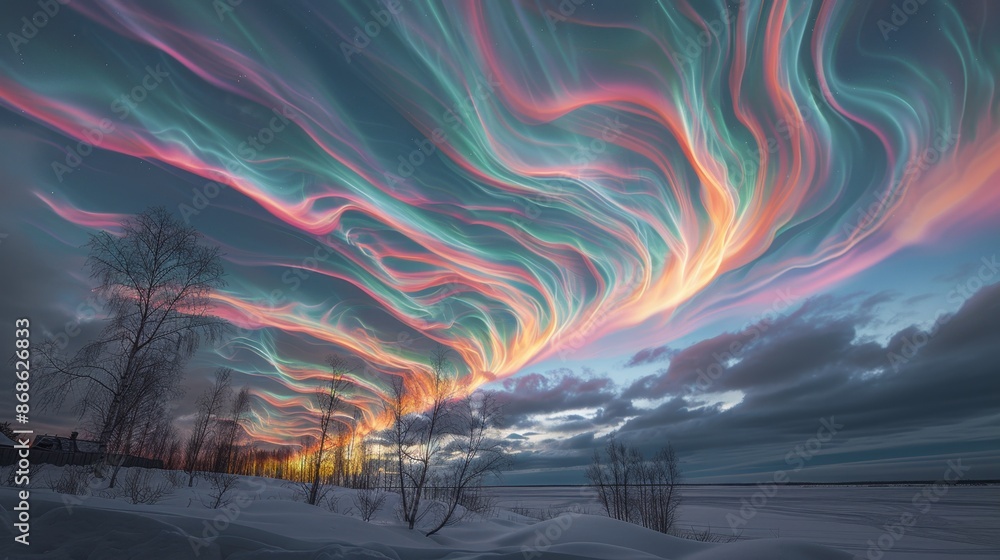 Polar stratospheric clouds, vibrant and iridescent, float against a ...
