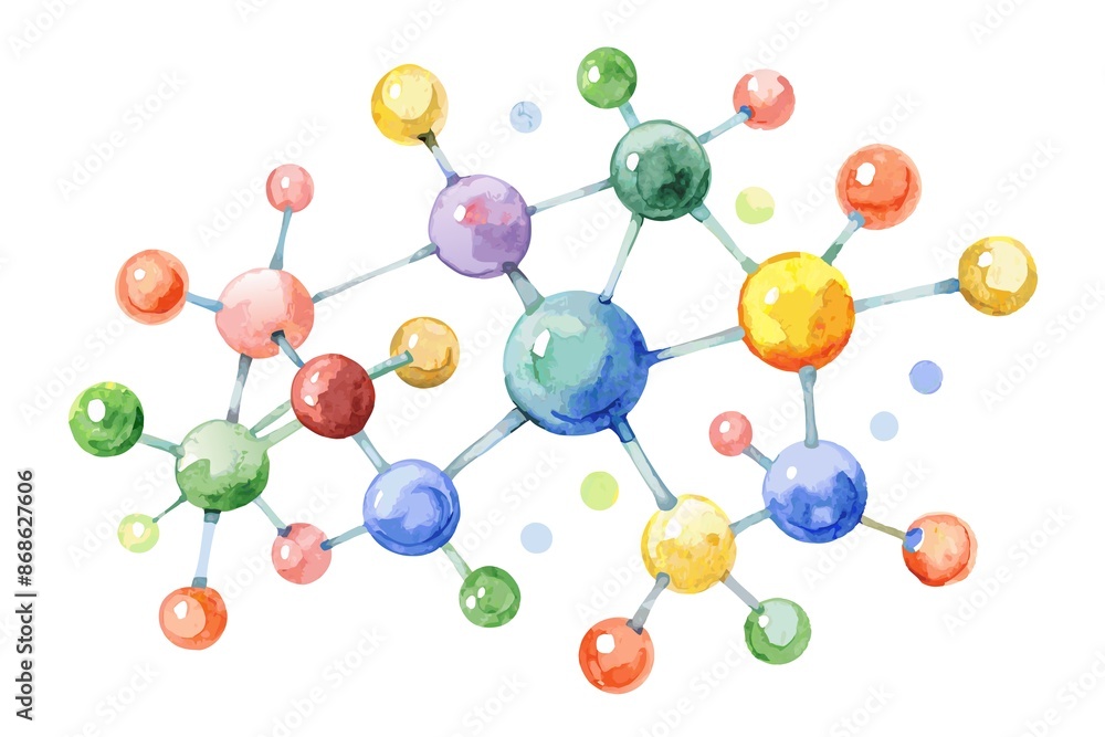 Series of watercolor renderings of biological molecules, suspended in ...