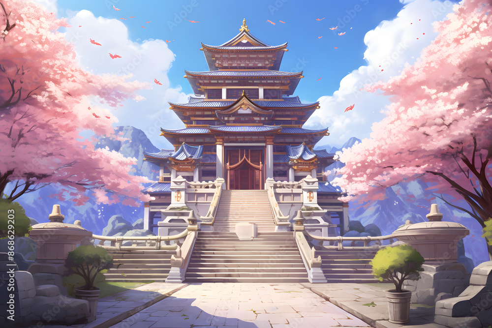 anime style illustrated temple, temple animated illustration anime ...