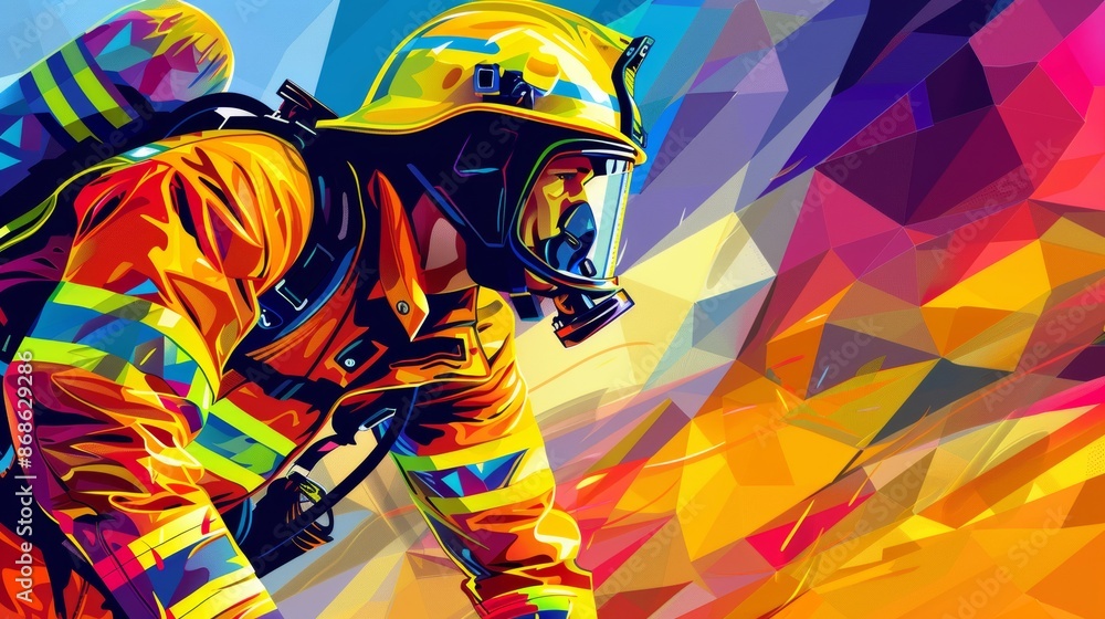 Firefighter in full gear and helmet in a vibrant, geometric art style ...