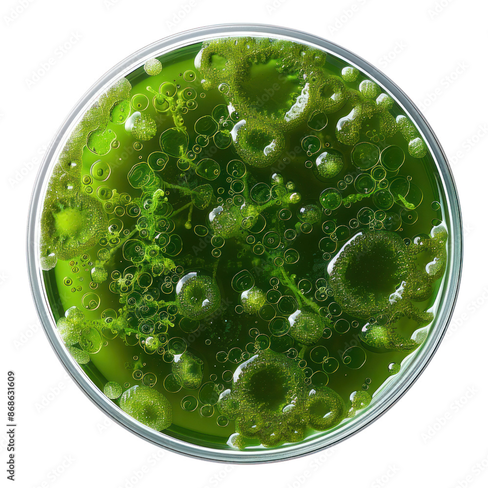 Microscope view of green microalgae, showing detailed cellular ...