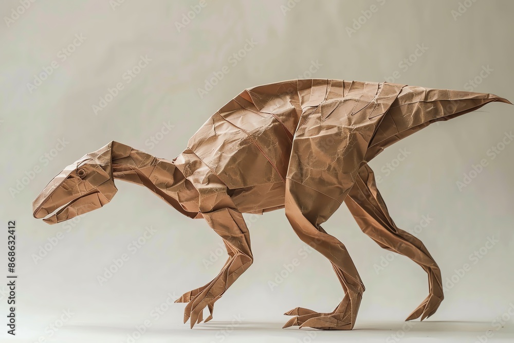 Intricate brown origami dinosaur with detailed features on a light ...