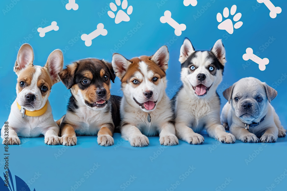 Five adorable puppies lined up against a blue background with bone and ...
