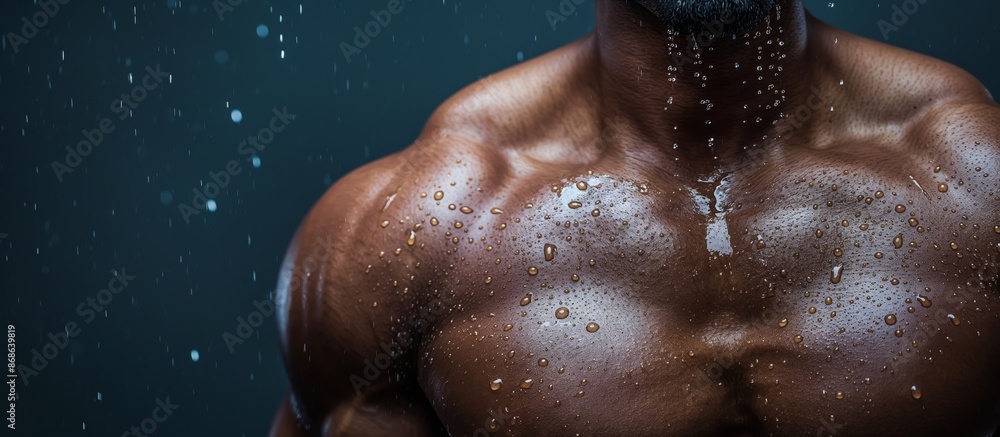 Beads of sweat glisten on the defined pectoral muscles of a male ...