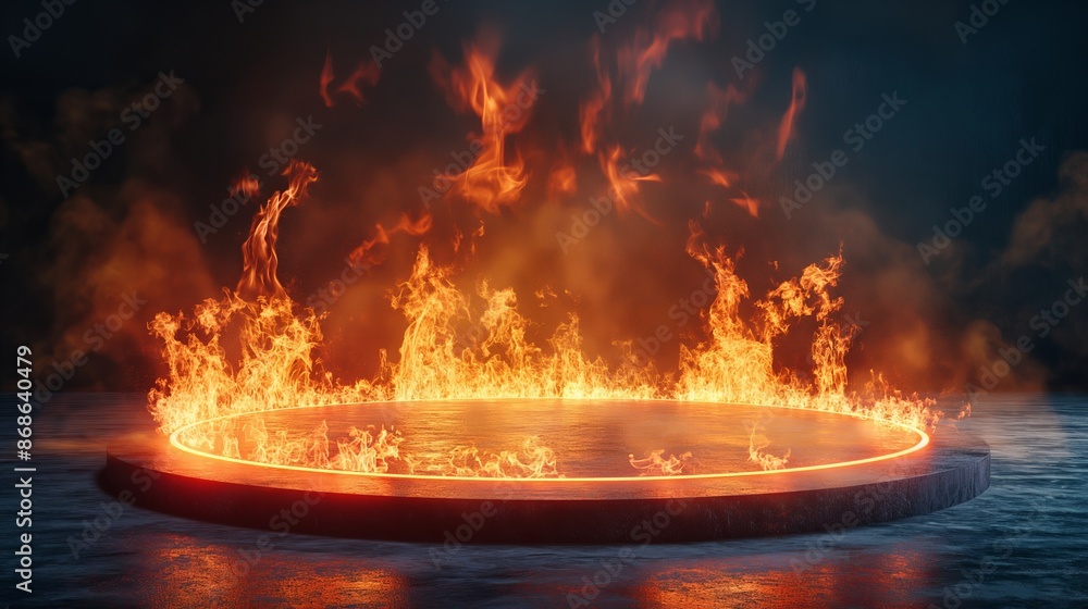 Round podium for product display on fire, Flaming Product stand. Stock ...