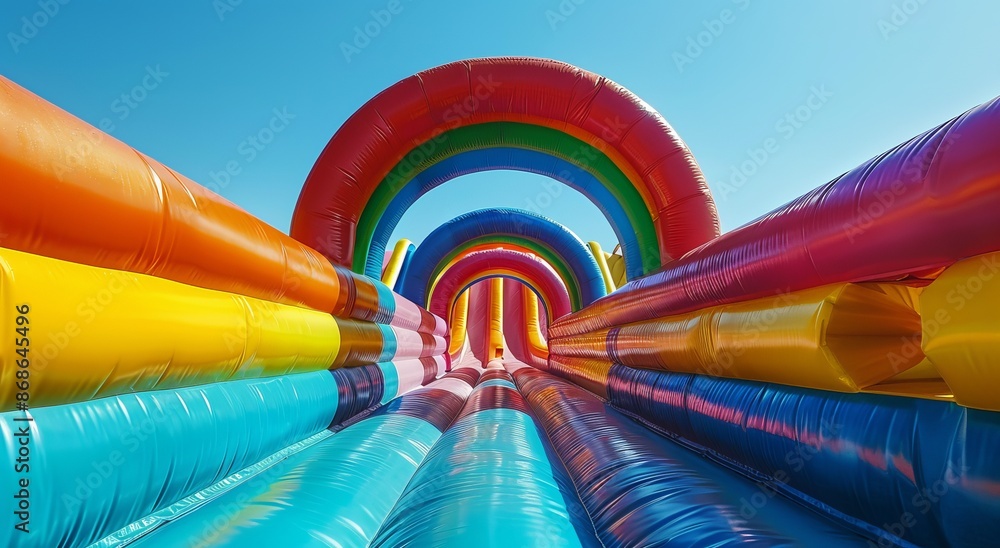a photo of an inflatable rainbow slide taken from the top looking down ...