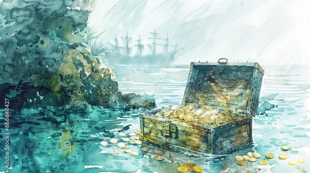 Watercolor painting of an open treasure chest with gold coins by the ...