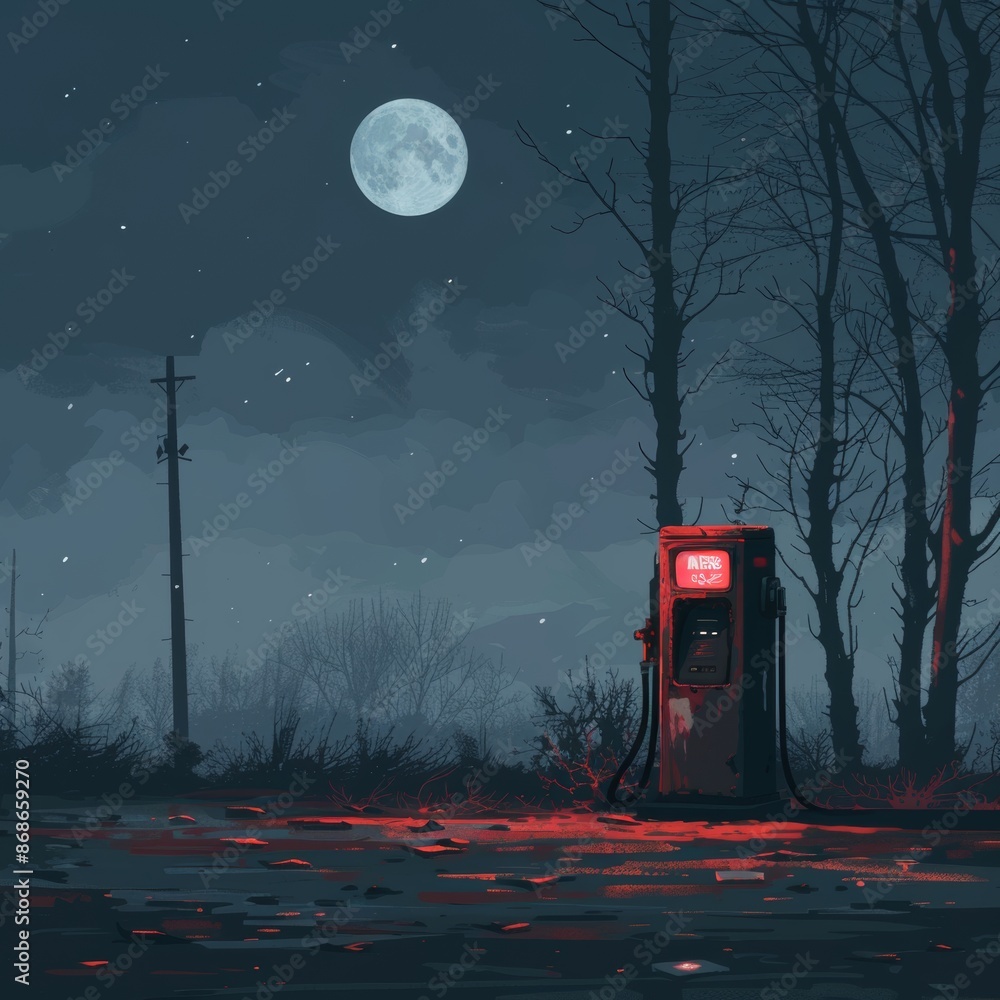 Eerie Abandoned Gas Station in Spooky Flat Design Landscape ...