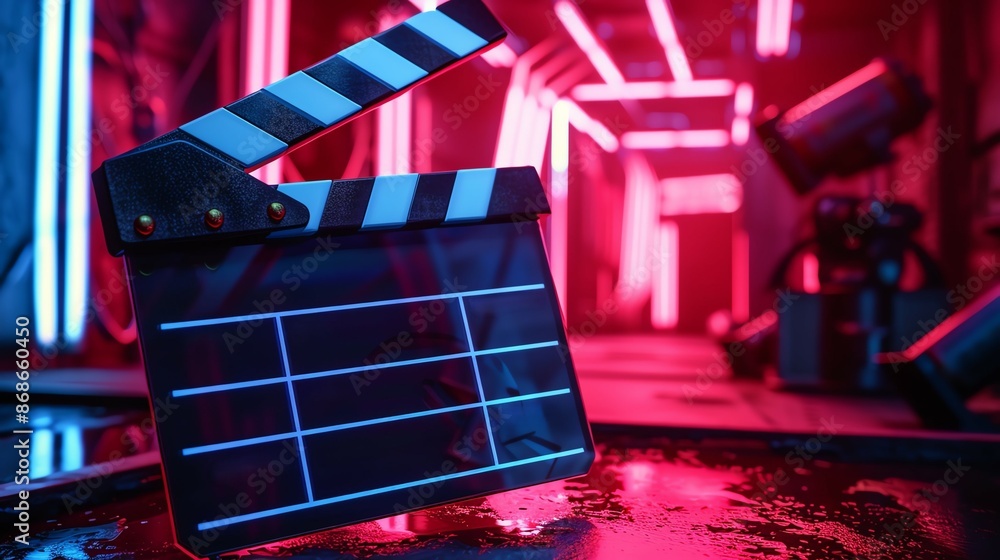 Sci-Fi movie set, holographic clapper board, neon lit background ...