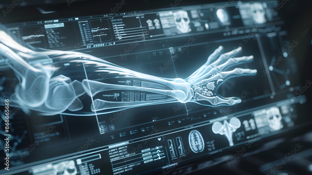 A futuristic medical interface displaying a detailed digital X-ray of a human hand. The ...