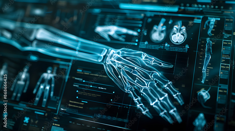 A futuristic medical interface displaying a detailed digital X-ray of a ...