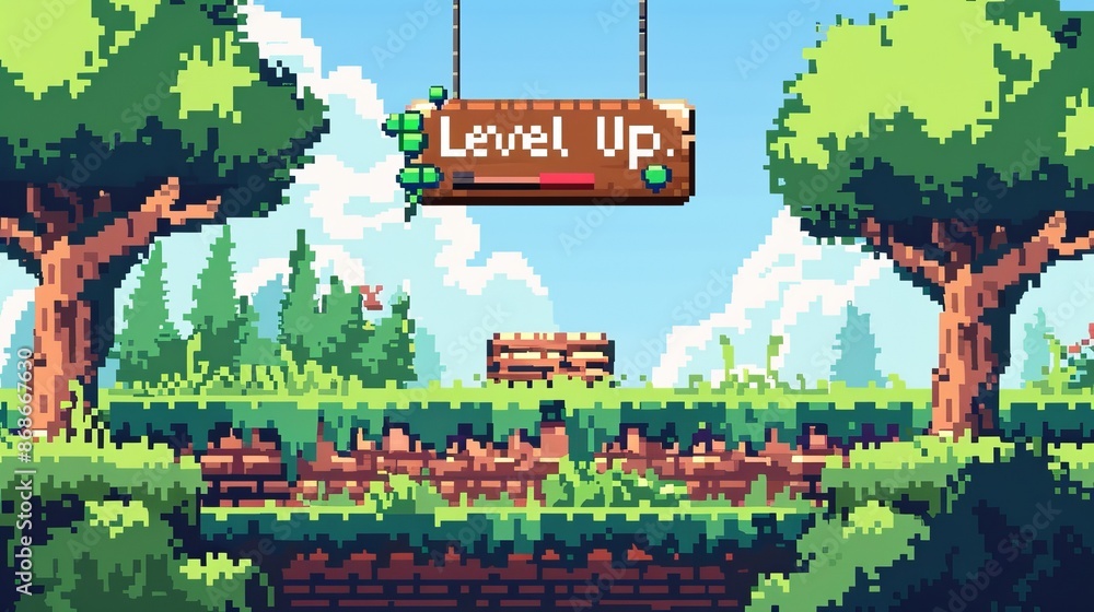 Pixel art game background with a "Level Up" button. Retro-style game ...