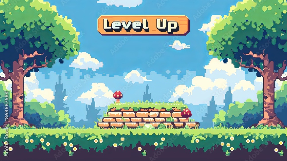 Pixel art game background with a "Level Up" button. Retro-style game ...
