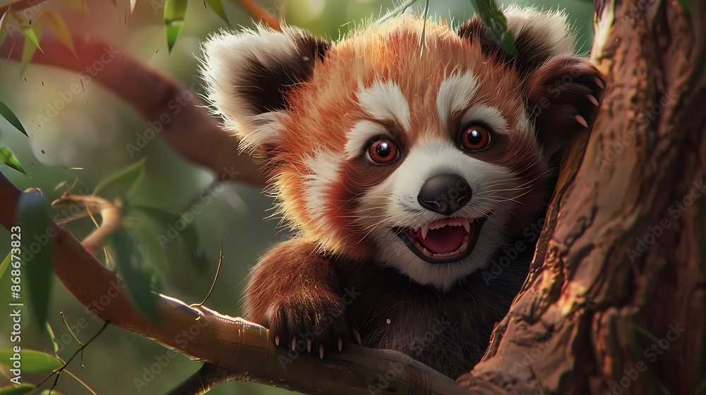 Cute baby brown panda very happy and playful in the tree very detailed ...