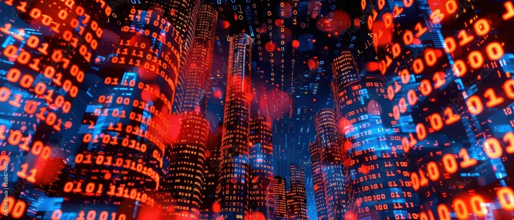 Binary code digital cityscape with glowing red and blue binary numbers ...