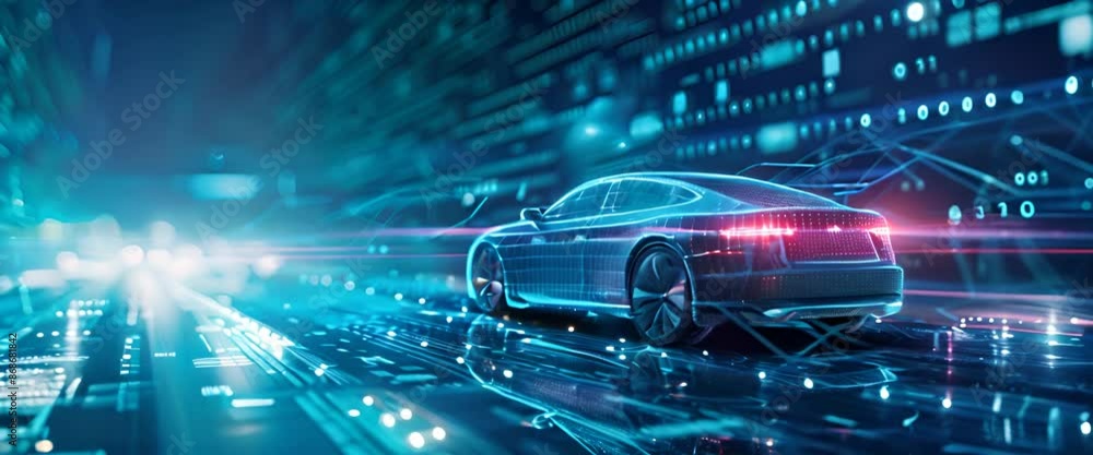 Abstract blue digital car charging with binary code background, data ...