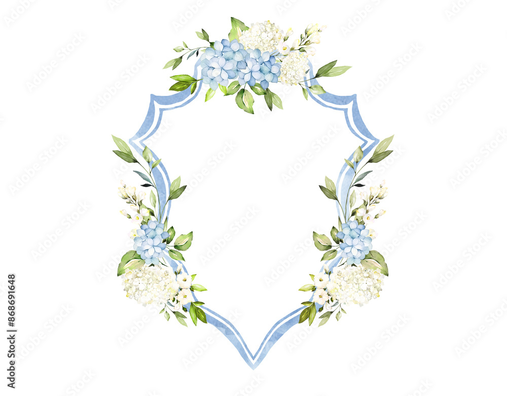 Light Blue White hydrangea Watercolor Flowers Wedding Crest template ...
