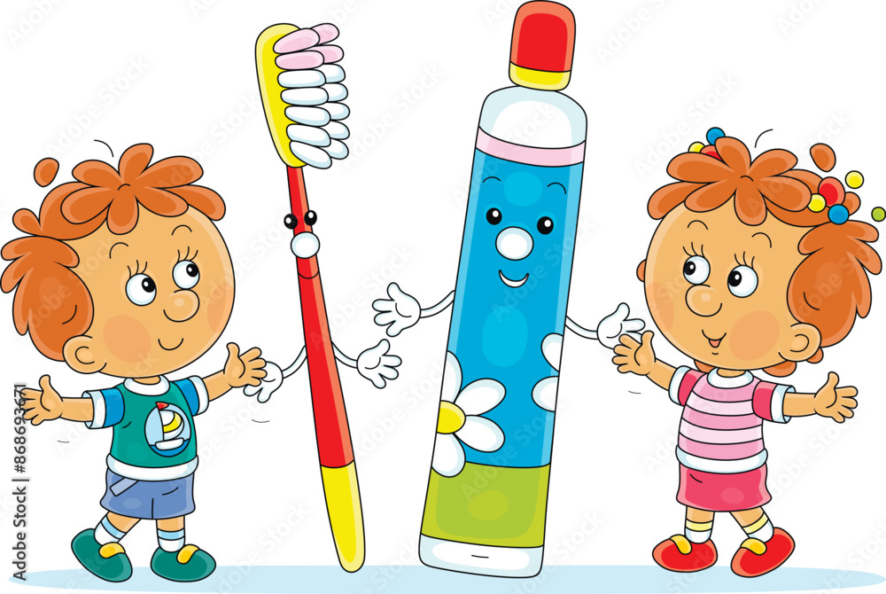Funny cartoony toothbrush and toothpaste with happy little kids, vector ...
