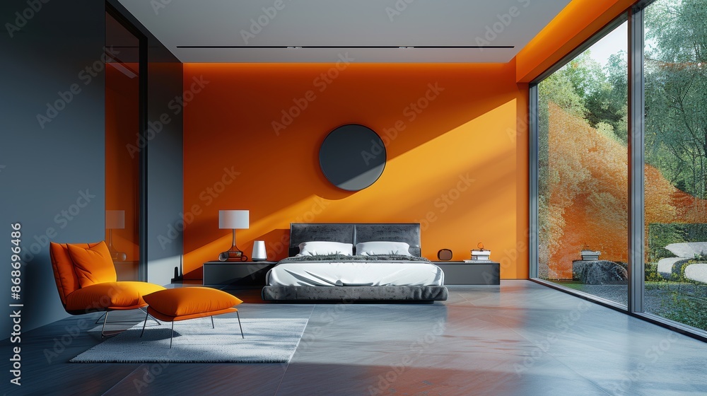 A minimalist bedroom with a vibrant orange color scheme, featuring ...