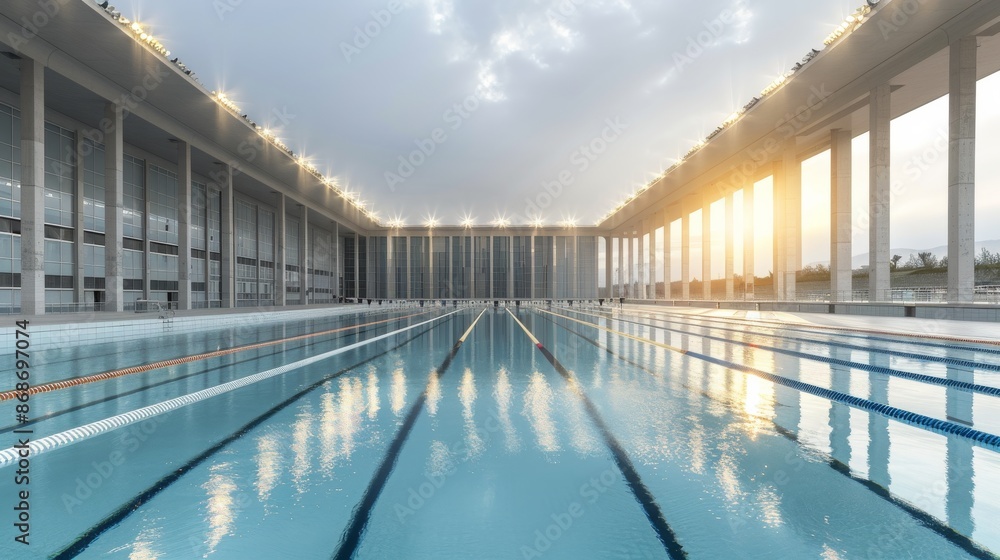 Sunrise view of an empty indoor swimming pool with clear blue water ...