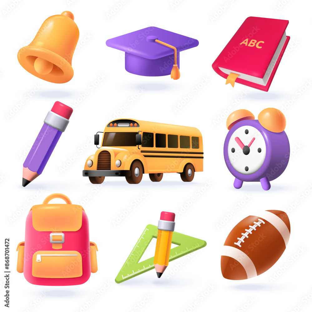 School icons collection in 3d style. Set of education objects and items ...